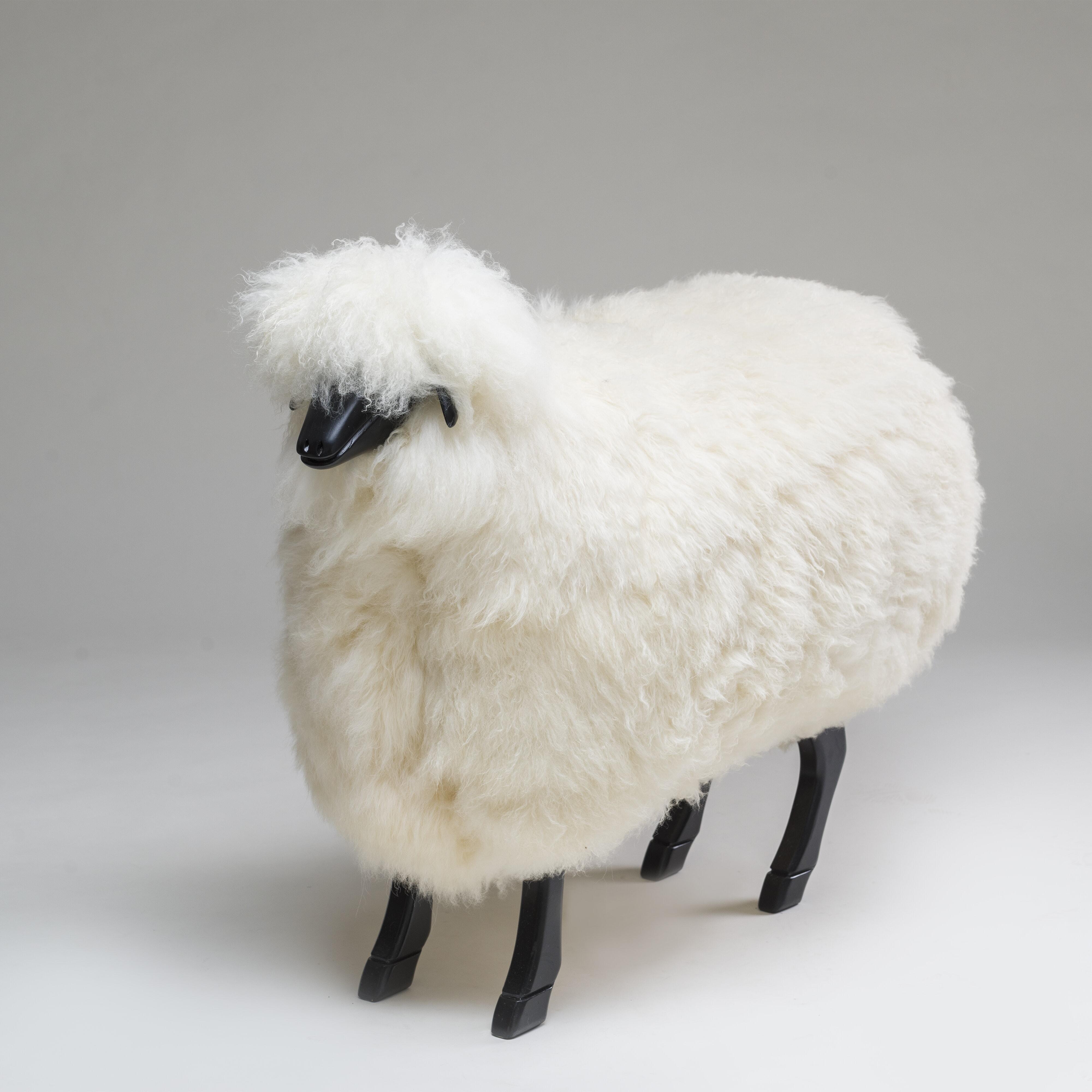 Berberine Sheep Footstool, Dark Wood White Fleece