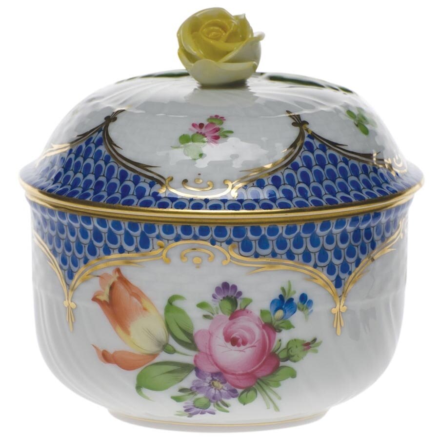 Herend Printemps Blue Border Covered Sugar Bowl