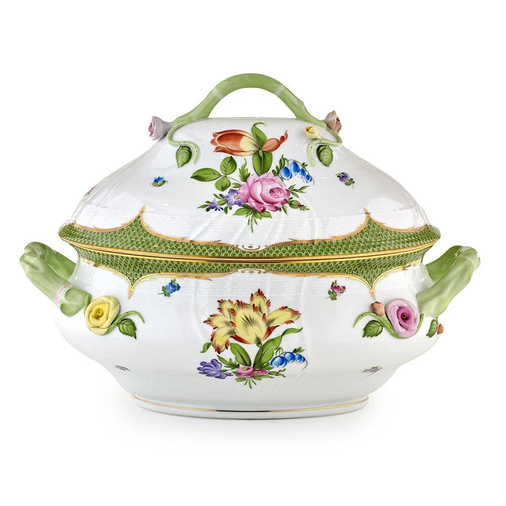 Herend Printemps Green Border Tureen with Branch Finial, Large