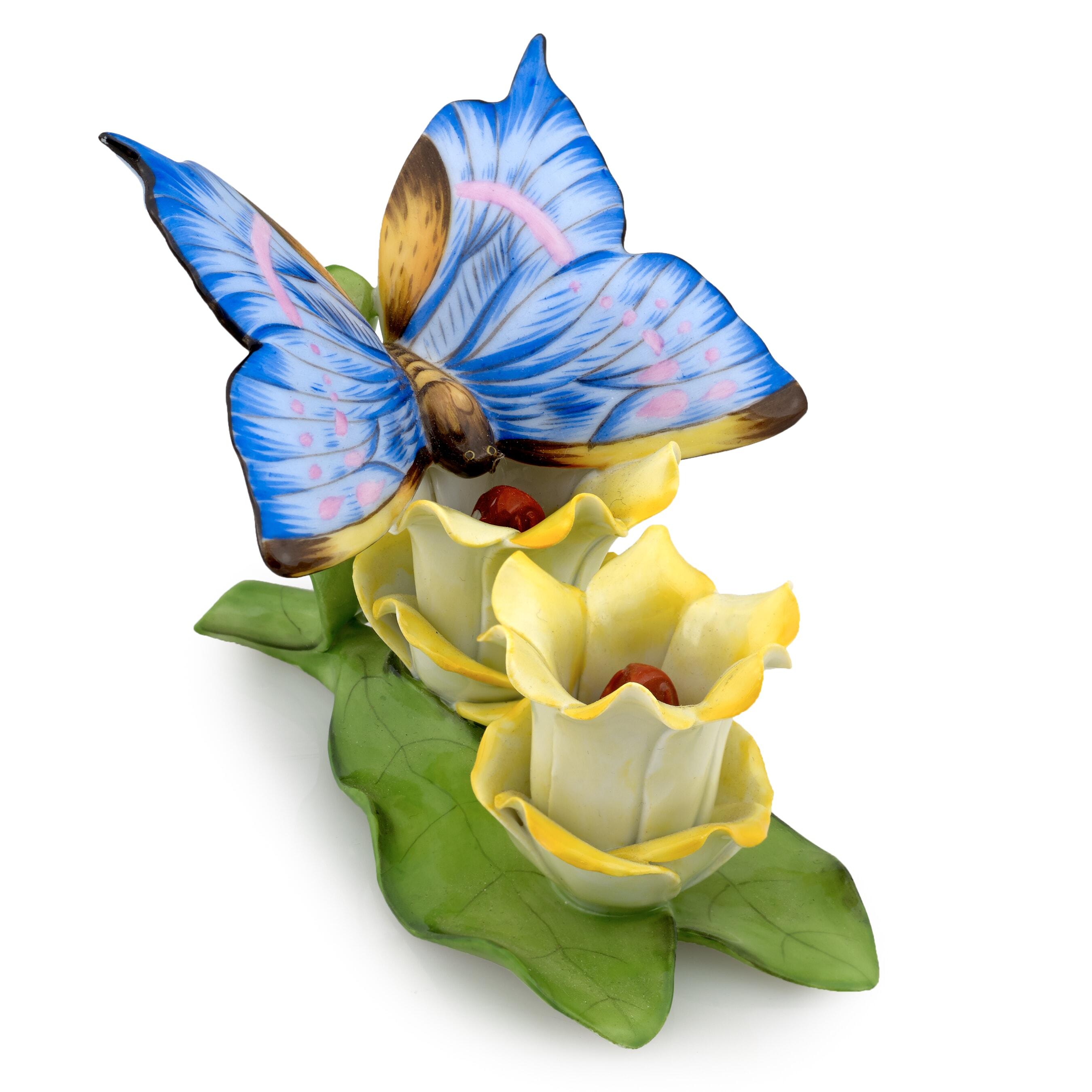 Herend Large Blue Butterfly with Yellow Flowers