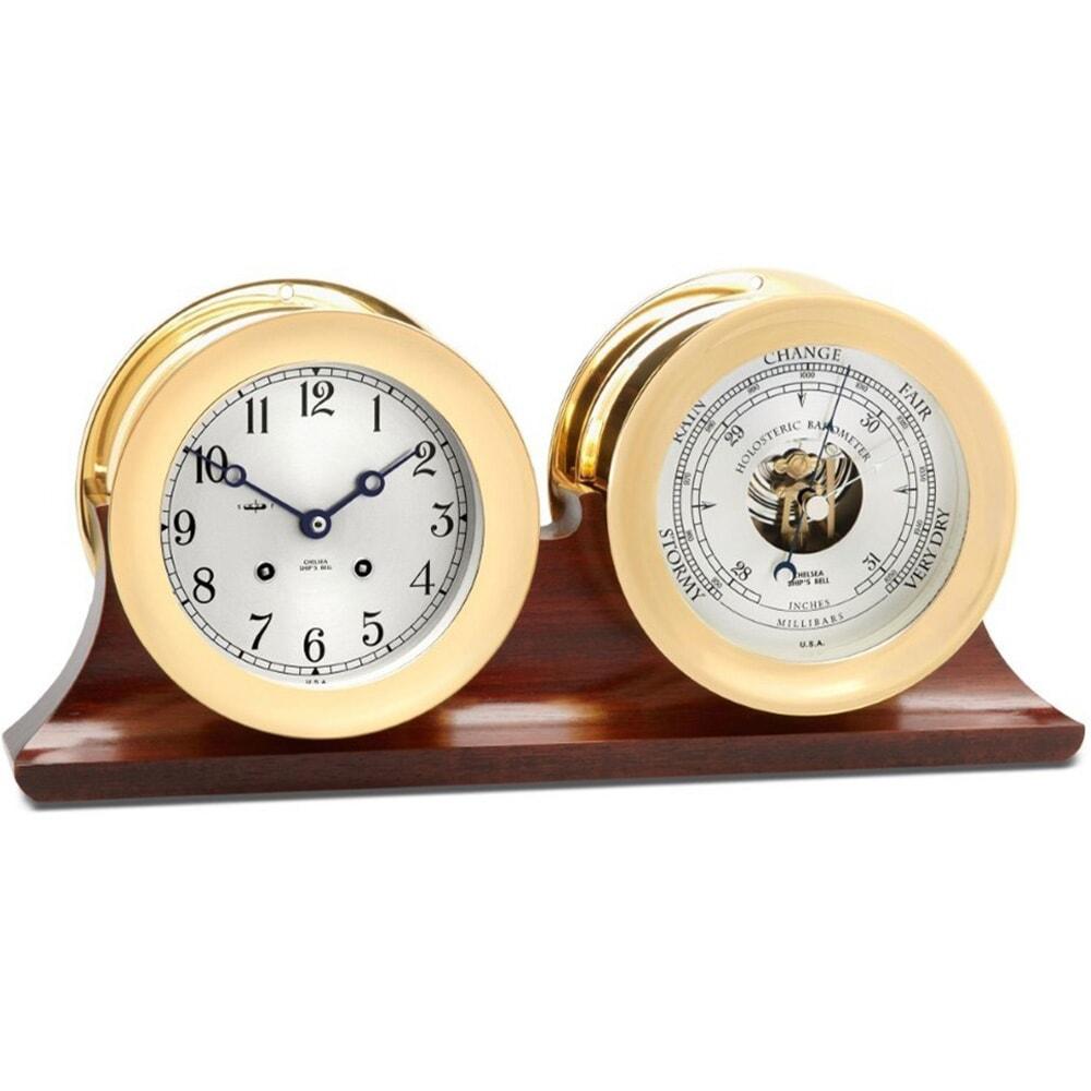 Ship's Bell Clock & Barometer on Mahogany Base