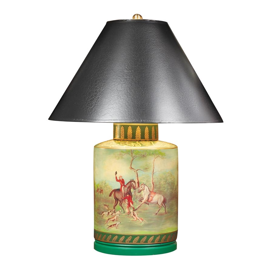 Hunt Scene Ceramic Lamp with Black Shade