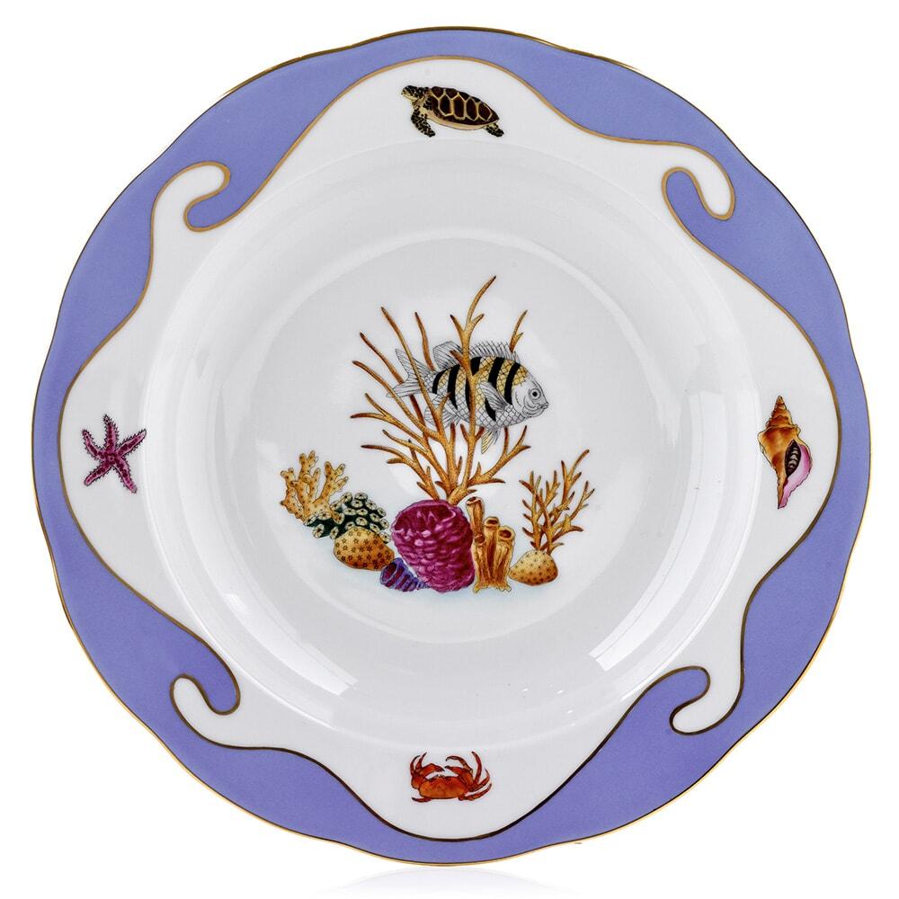 Herend Ocean Waves Rim Soup Bowl, #5 Black & Yellow Fish