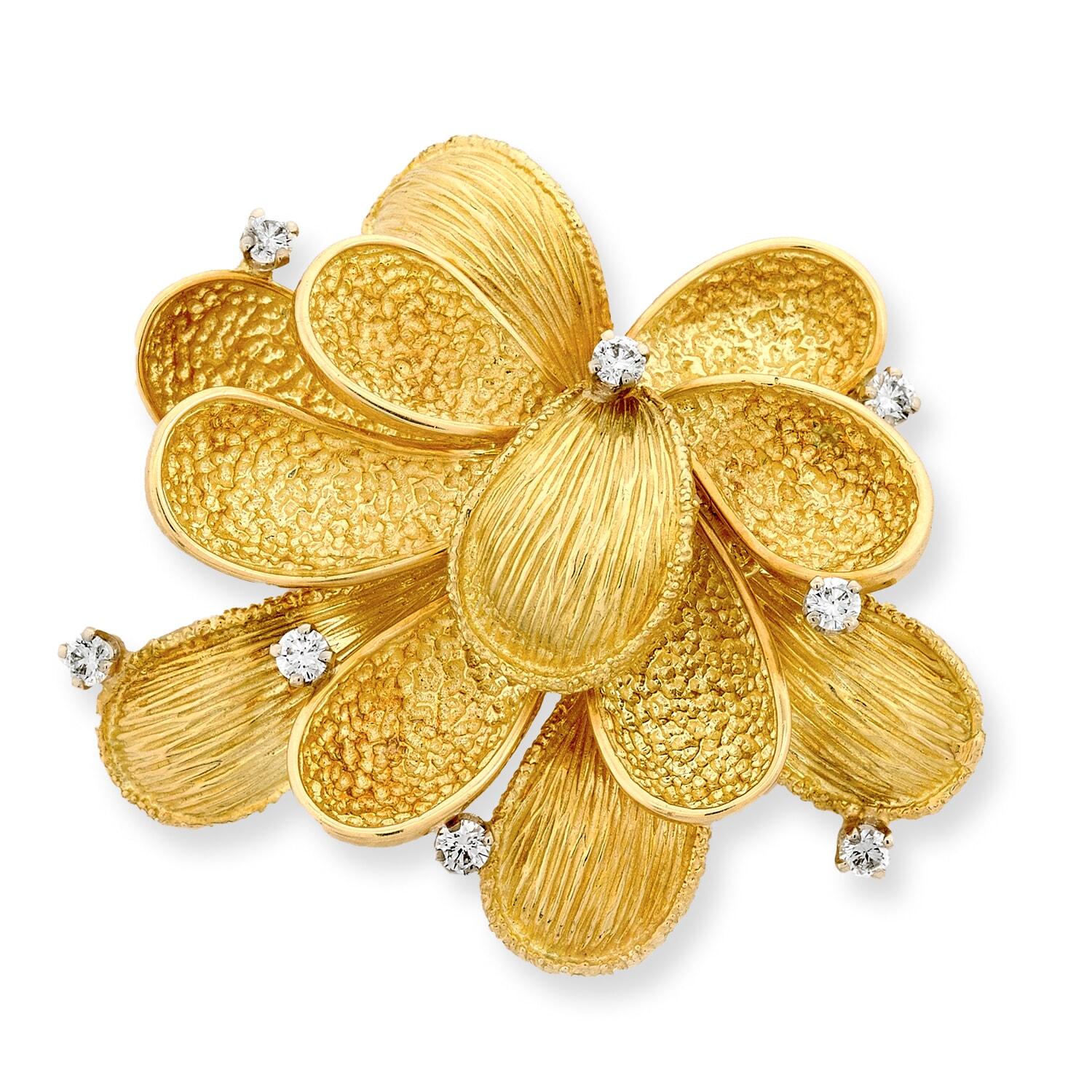 18k Gold & Diamond Textured Flower Pin