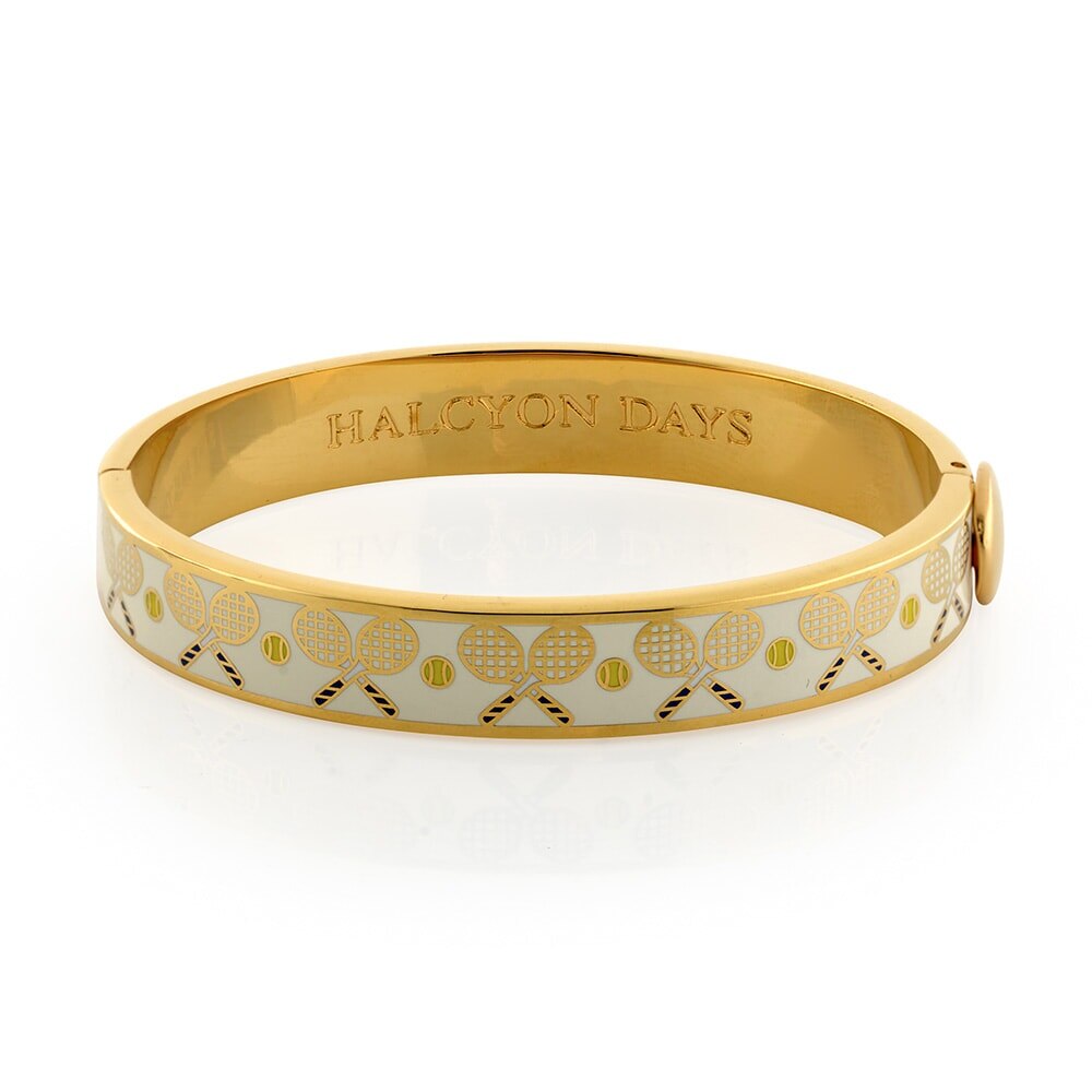 Halcyon Days Tennis Hinged Bangle, Cream & Gold