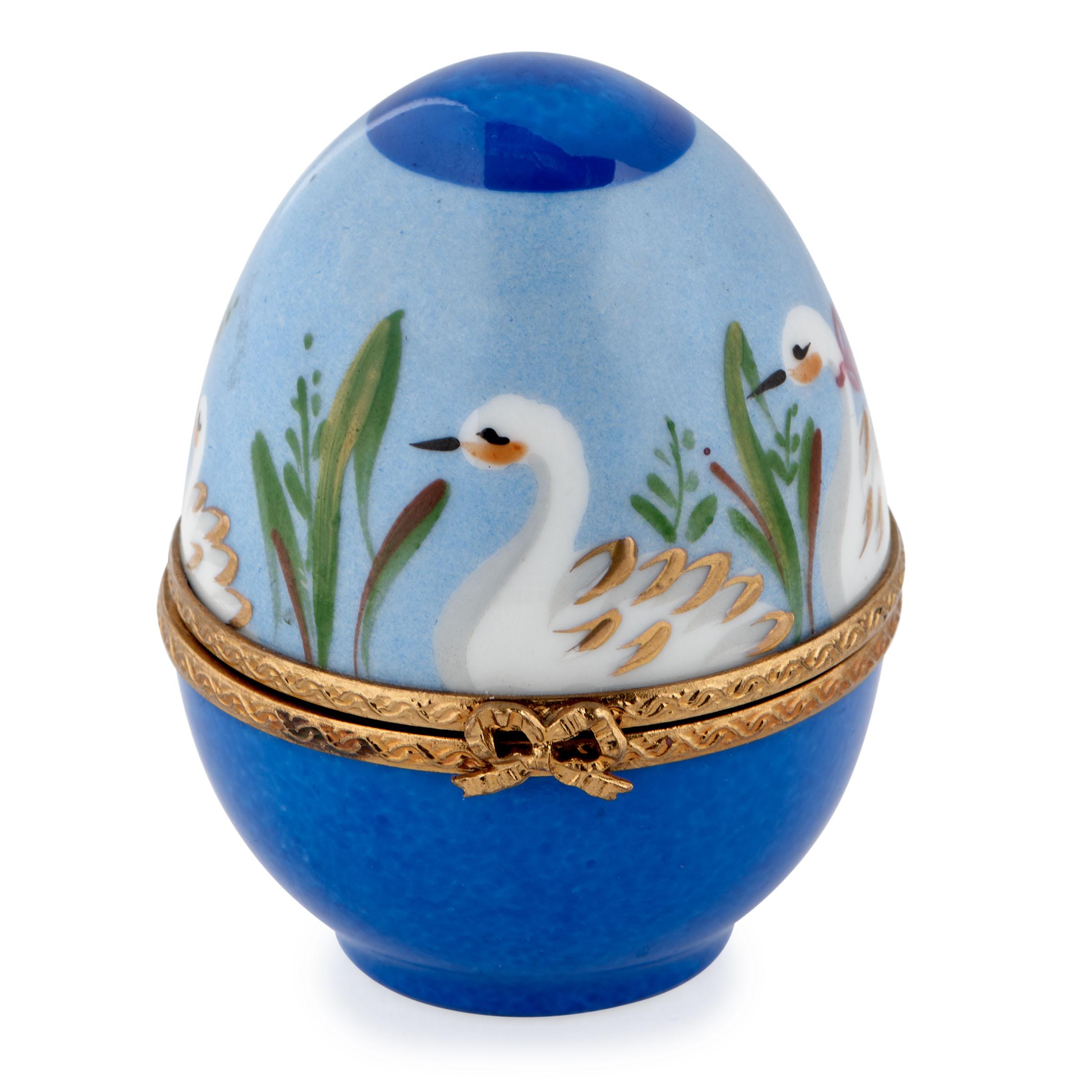 Swan Standing Egg Limoges Box, Blue
