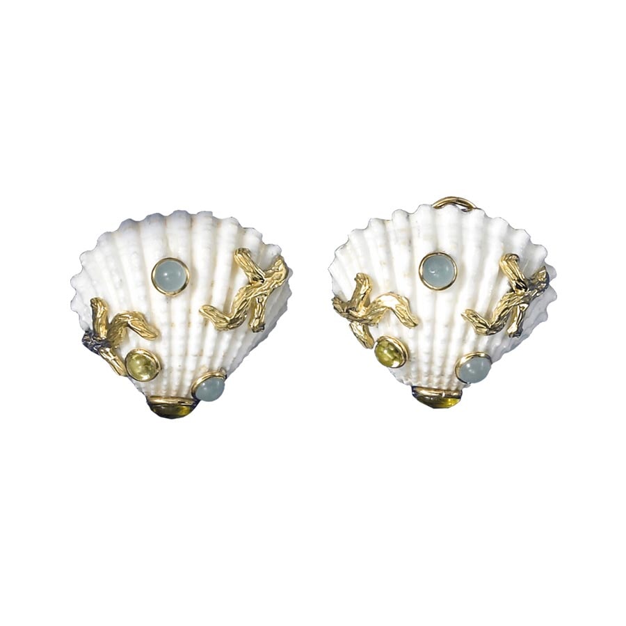 18k Gold Jeweled Scallop Shell Earrings