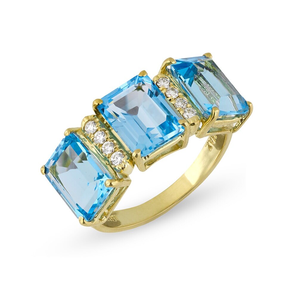 Octagonal Faceted Blue Topaz Three Stone Ring