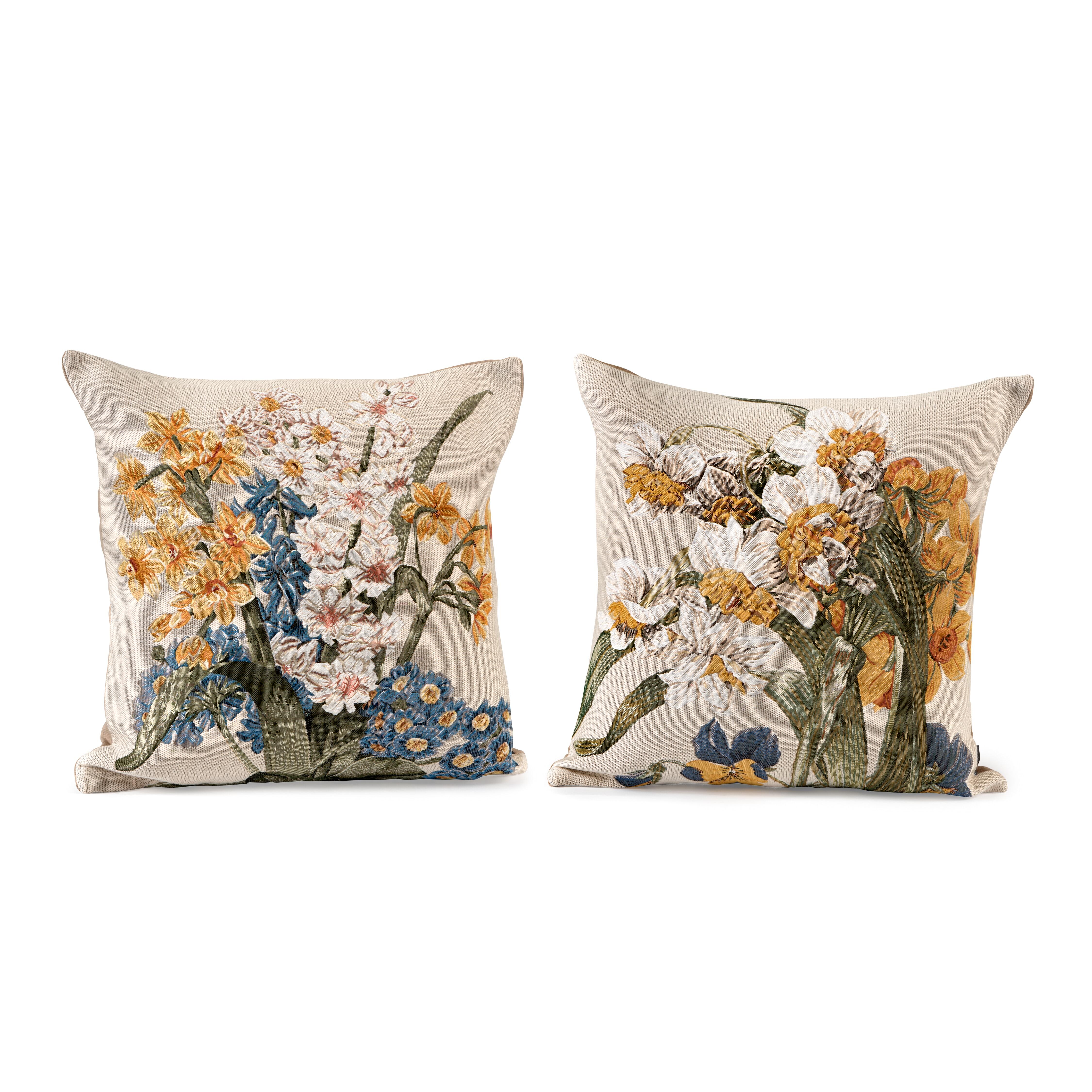 Cream Colored Tapestry Cushions with Floral Imagery