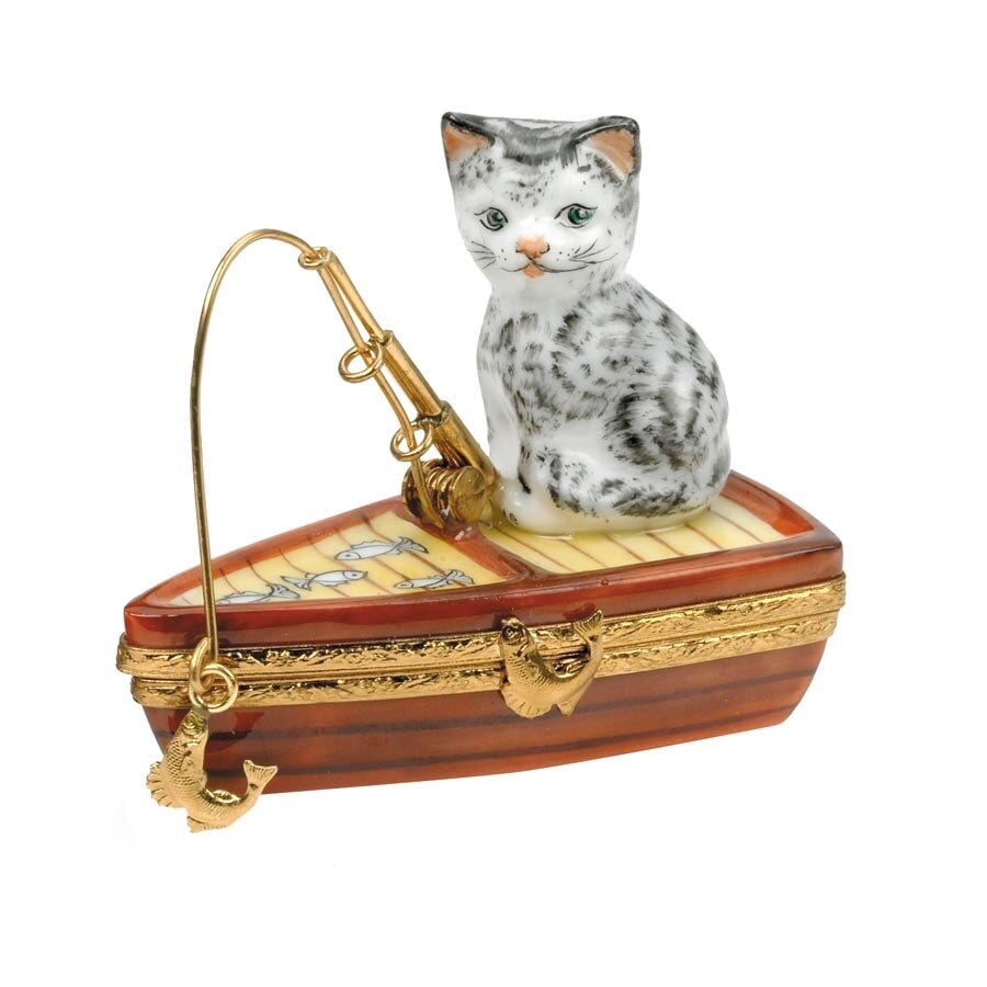 Cat Fishing on Boat Limoges Box