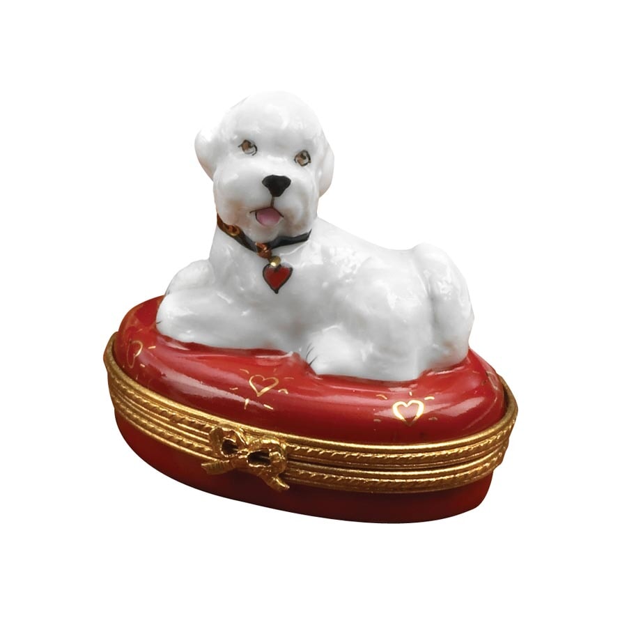 Bichon Frise on Red Bed Limoges Box, Limited Edition