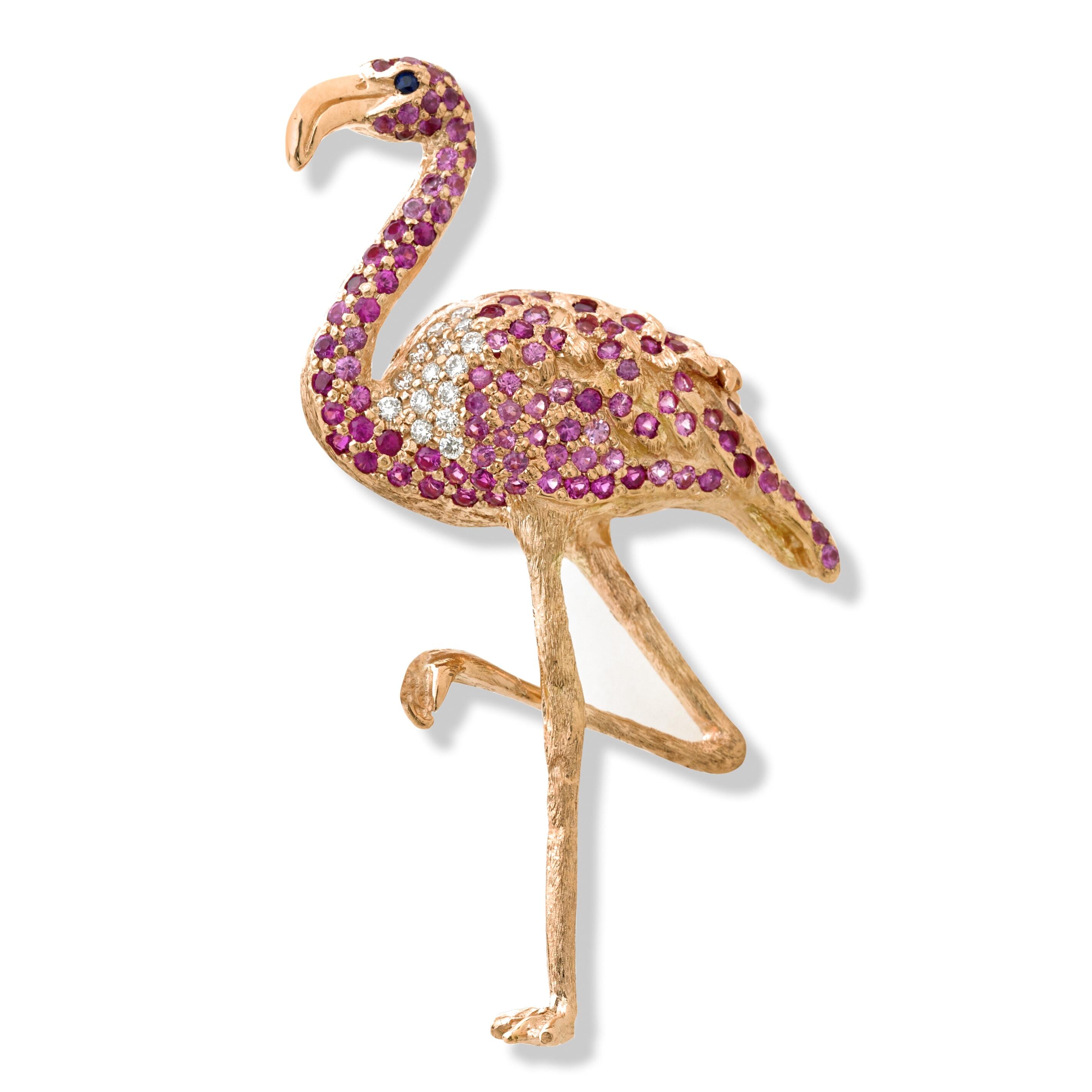18K Rose Gold Pink Sapphire & Diamond Flamingo Pin