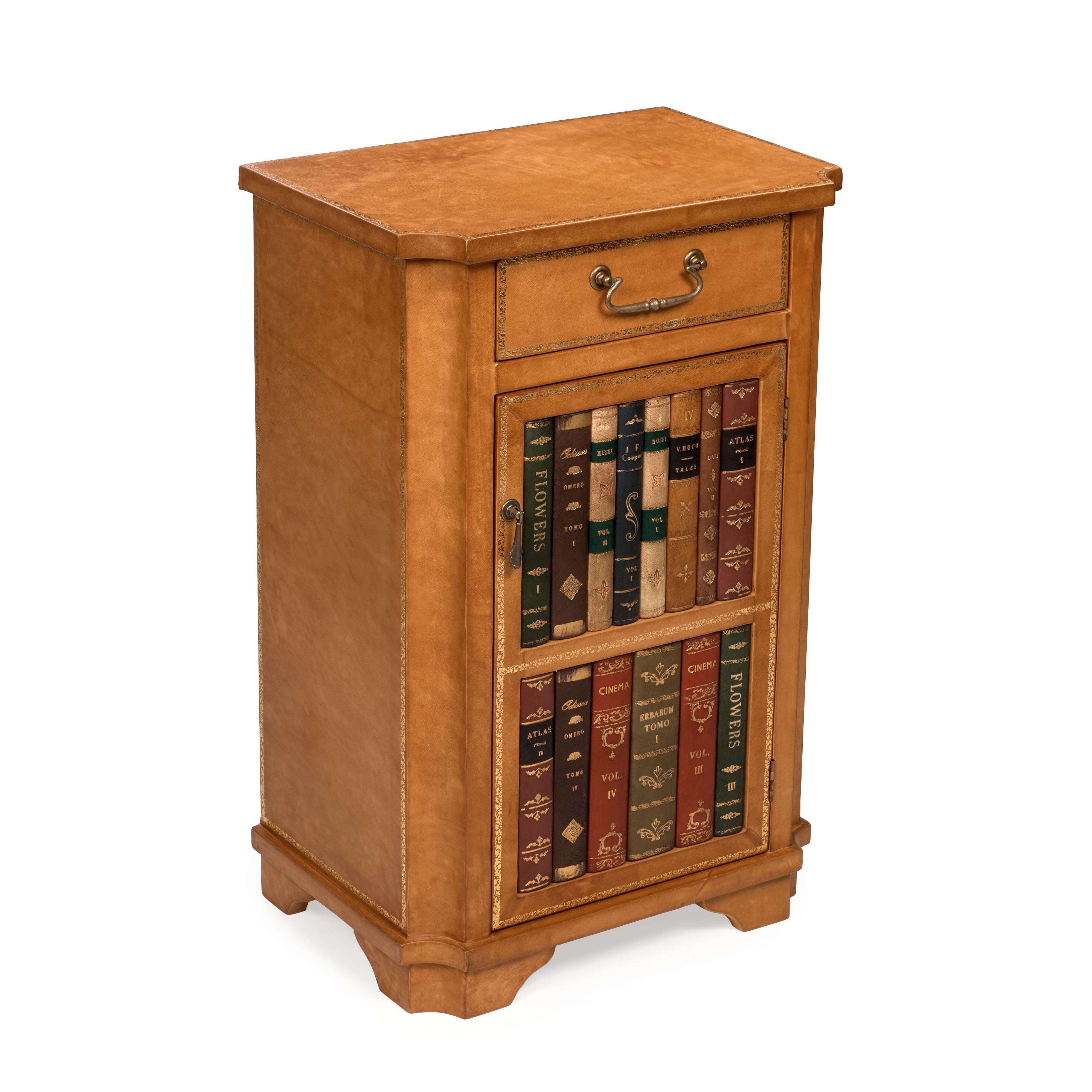 Leather Book Spine Nightstand with Door & Drawer