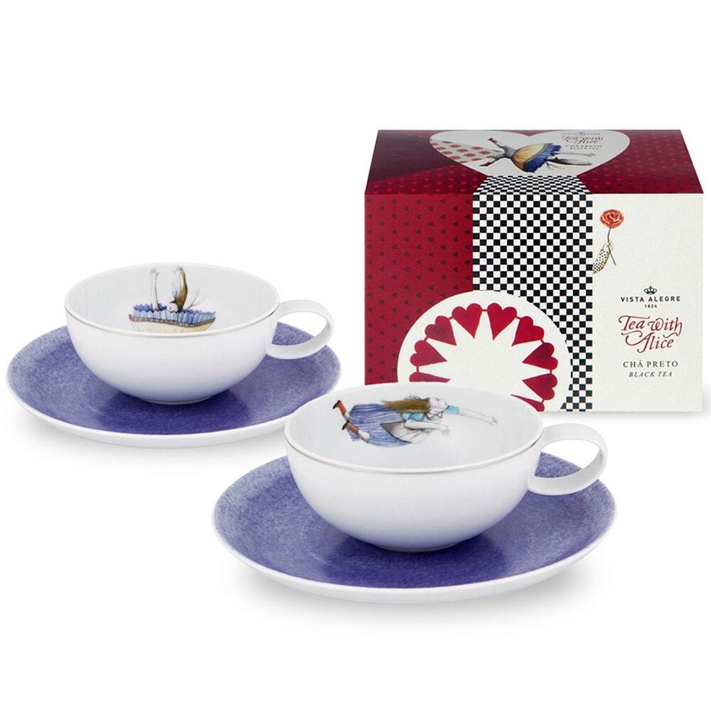 Vista Alegre Tea with Alice Set of 2 Teacups & Saucers & Black Tea