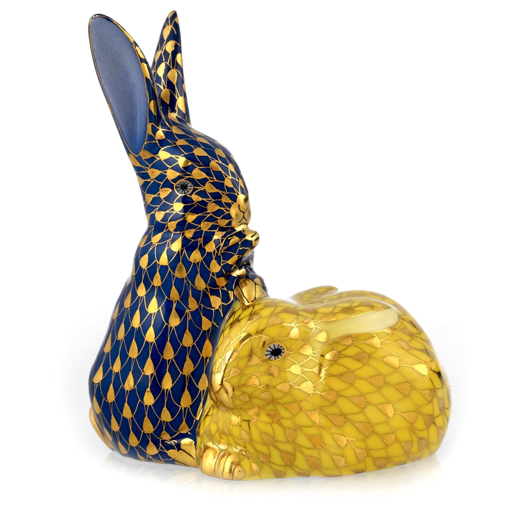Herend Pair of Rabbits, Cobalt & Butterscotch