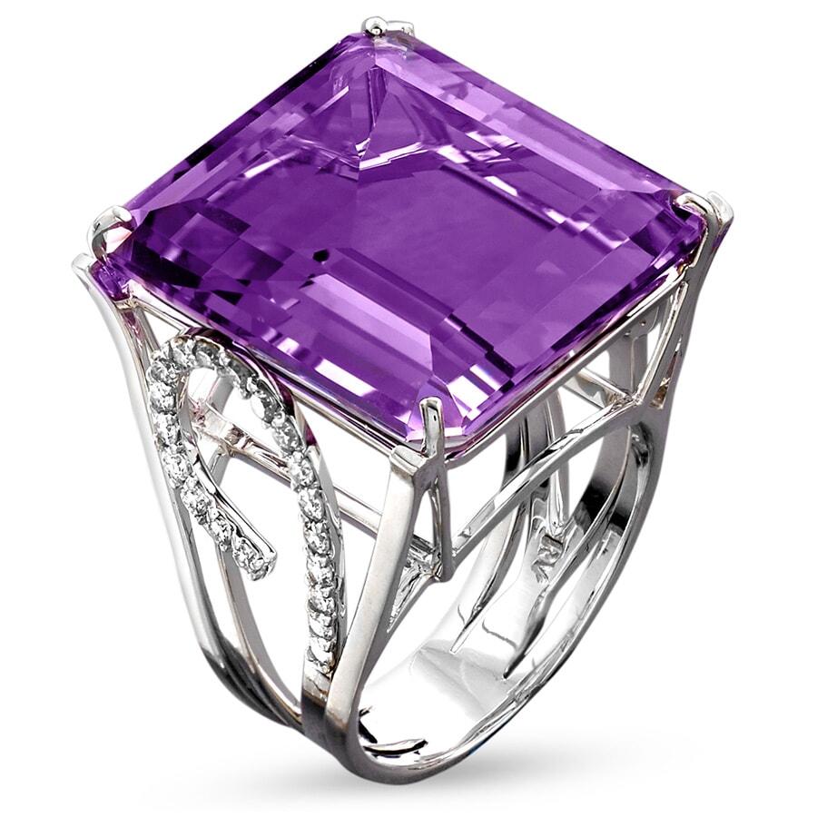 18k White Gold Amethyst Diamond Sided Ring