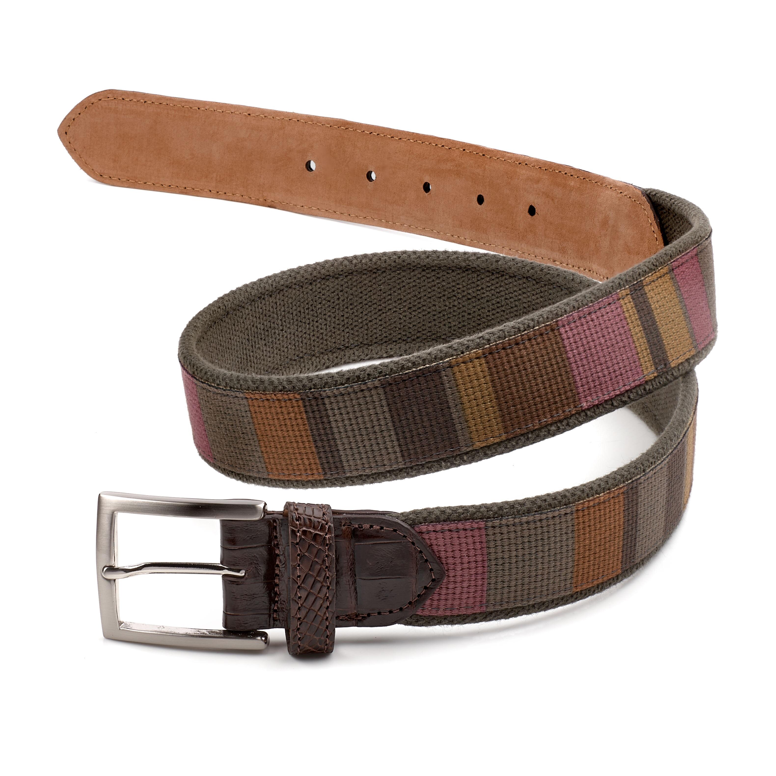 Canvas Bars Belt with Crocodile Tabs, Putty