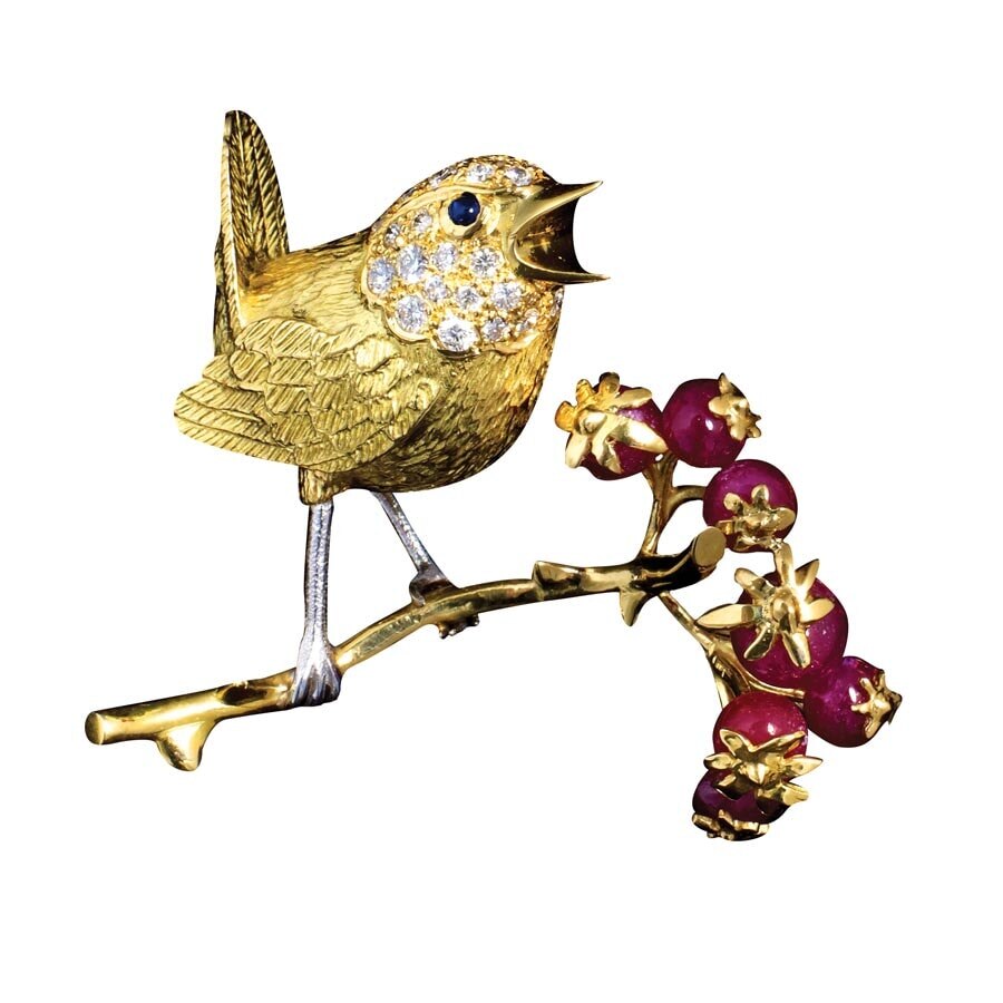 18k Yellow Gold Ruby Wren on Branch Pin